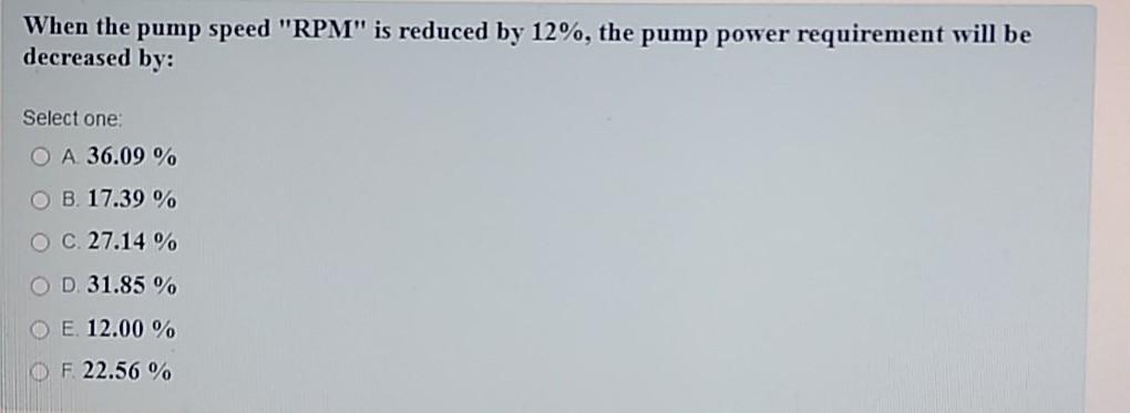 Solved When the pump speed "RPM" is reduced by 12%, the pump | Chegg.com