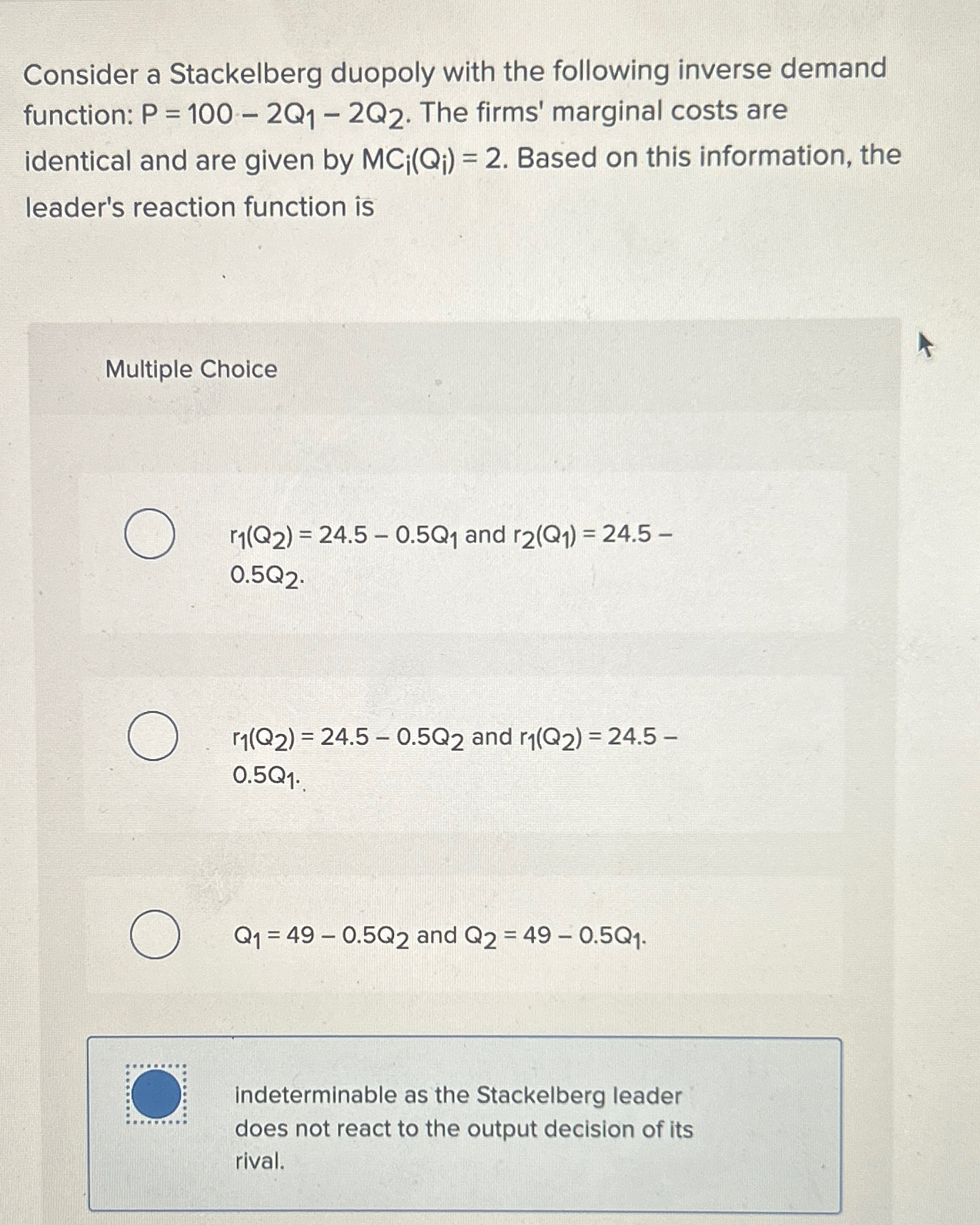 Solved Consider a Stackelberg duopoly with the following | Chegg.com