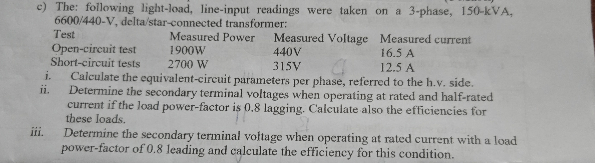 c) ﻿The: following light-load, line-input readings | Chegg.com