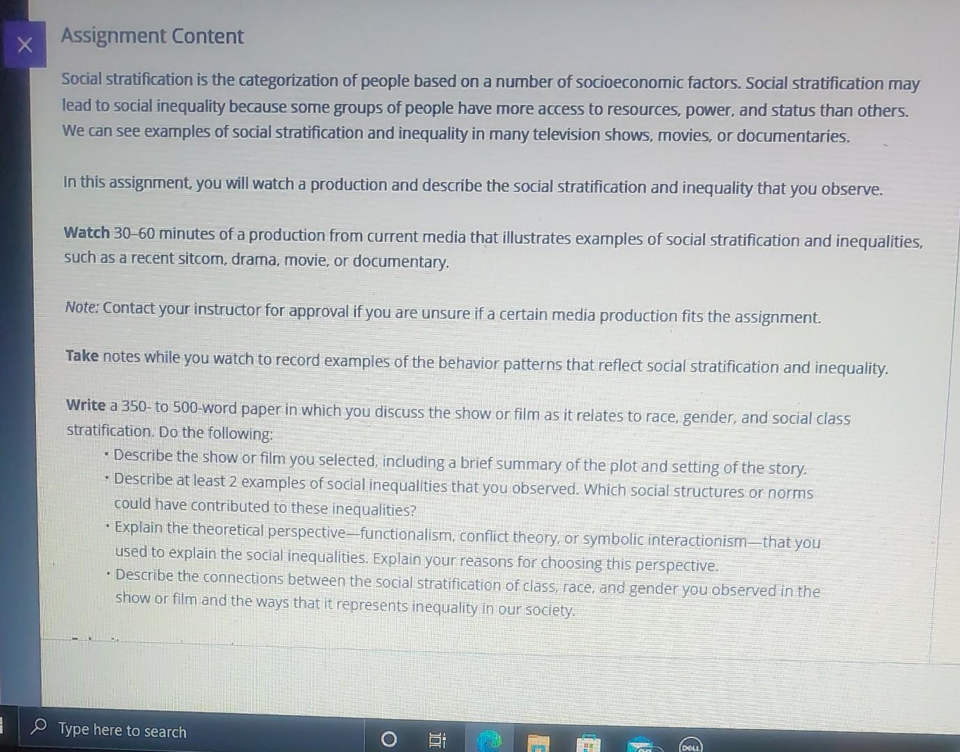 X Assignment Content Social stratification is the | Chegg.com