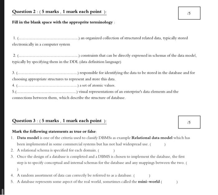 Solved Question 2 5 Marks 1 Mark Each Point 5 Fill 