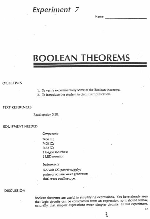 Solved Experiment 7 Name BOOLEAN THEOREMS OBJECTIVES 1. To | Chegg.com