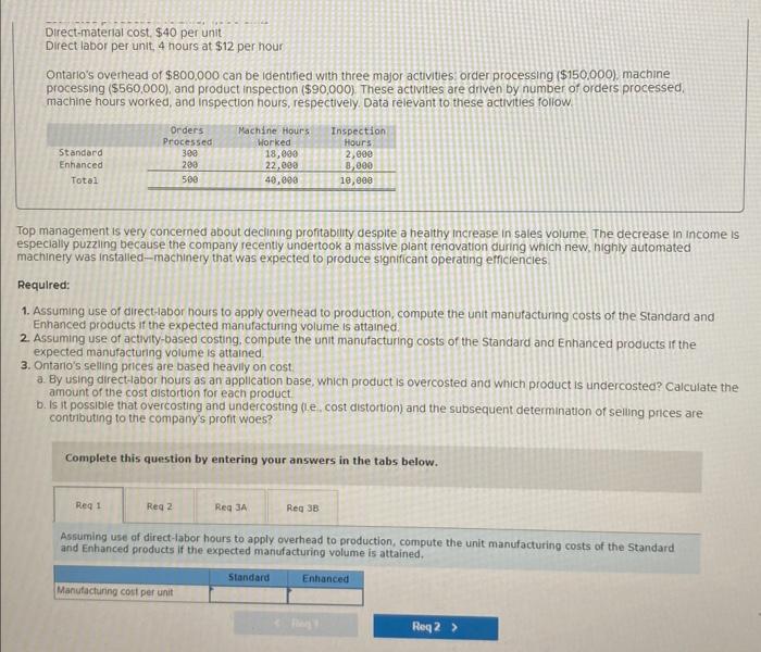 Direct-materlai cost, $40 per unit Direct labor per | Chegg.com