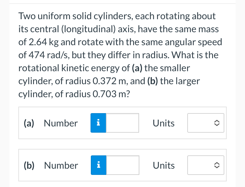 Solved Two uniform solid cylinders, each rotating aboutits | Chegg.com