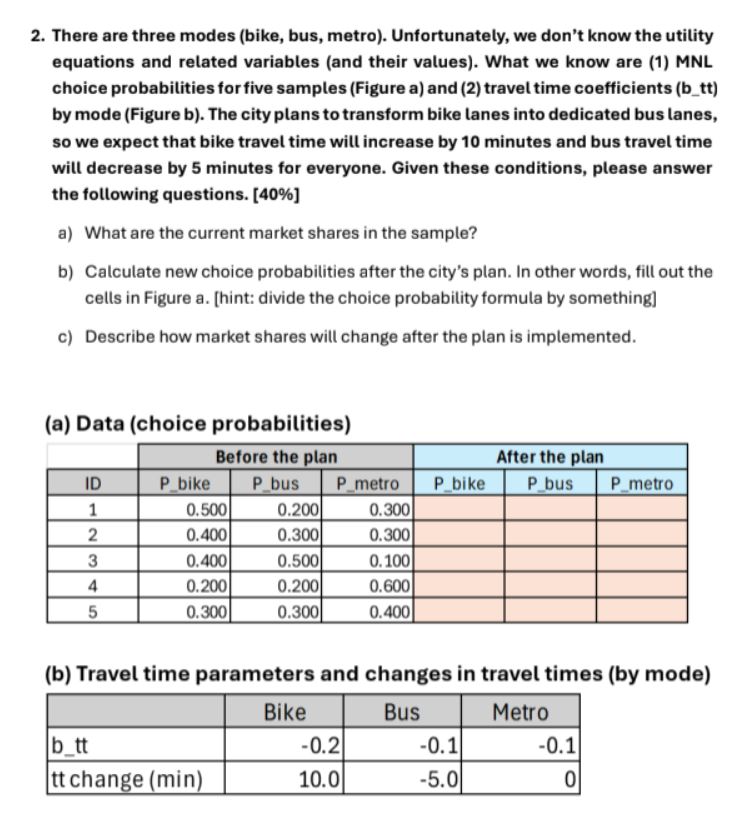 Solved 2. ﻿There are three modes (bike, ﻿bus, metro). | Chegg.com