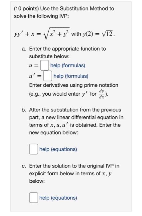 Solved (10 points) Use the Substitution Method to solve the | Chegg.com
