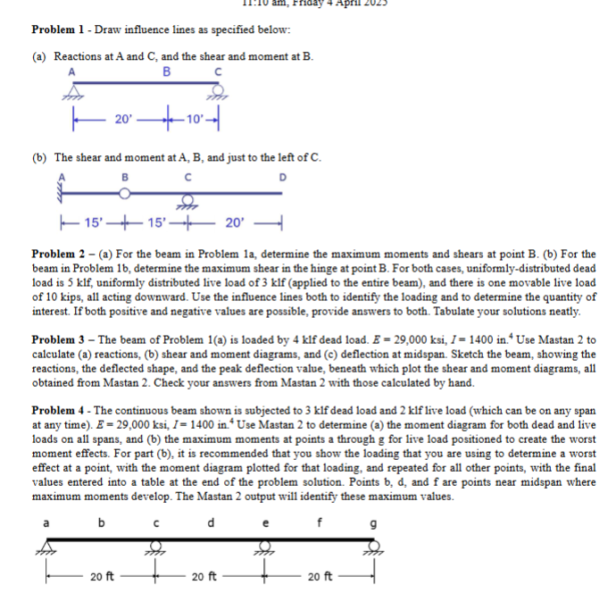 Problem 1 - ﻿Draw influence lines as specified below: | Chegg.com