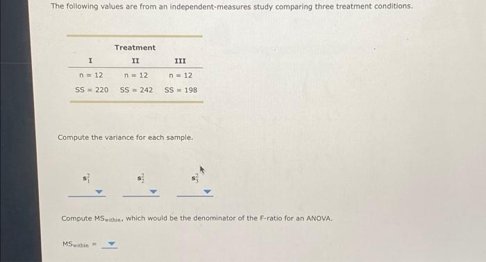 Solved The following values are from an independent-measures | Chegg.com