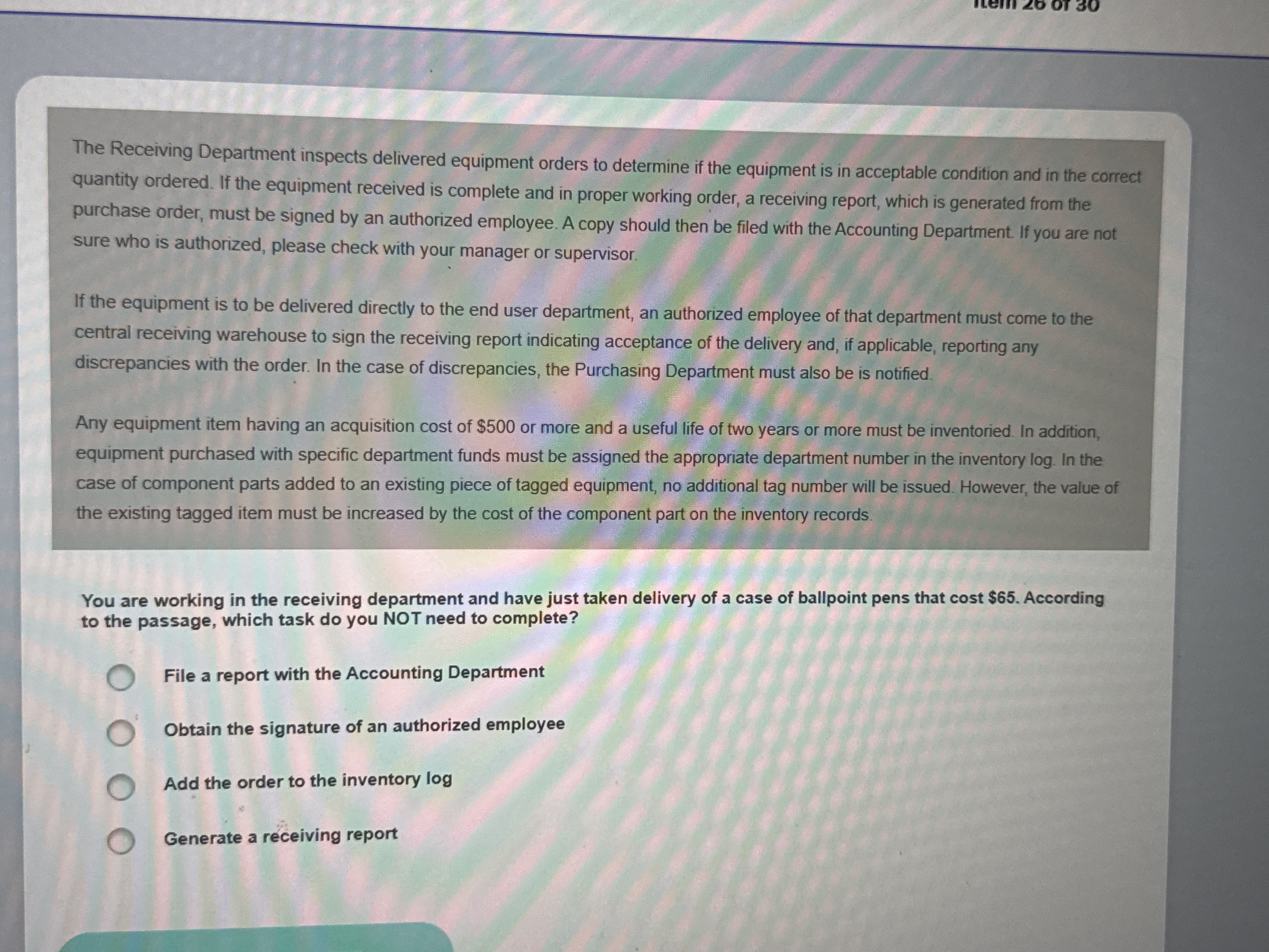 Solved The Receiving Department inspects delivered equipment | Chegg.com