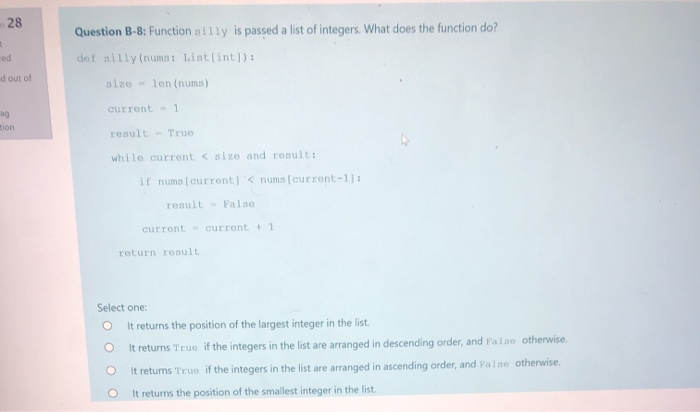 Solved 28 Question B-8: Function silly is passed a list of | Chegg.com