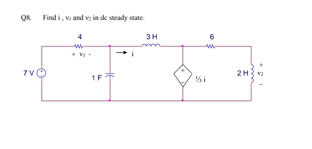Solved Q8. ﻿Find i,v1 ﻿and v2 ﻿in dc steady state. | Chegg.com