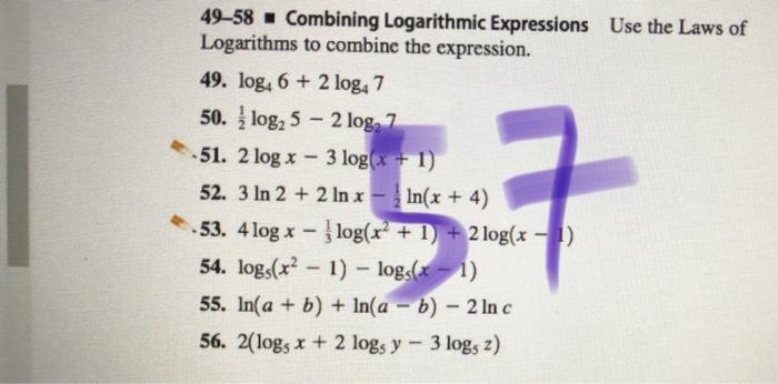 Solved 49-58 Combining Logarithmic Expressions Use the Laws | Chegg.com
