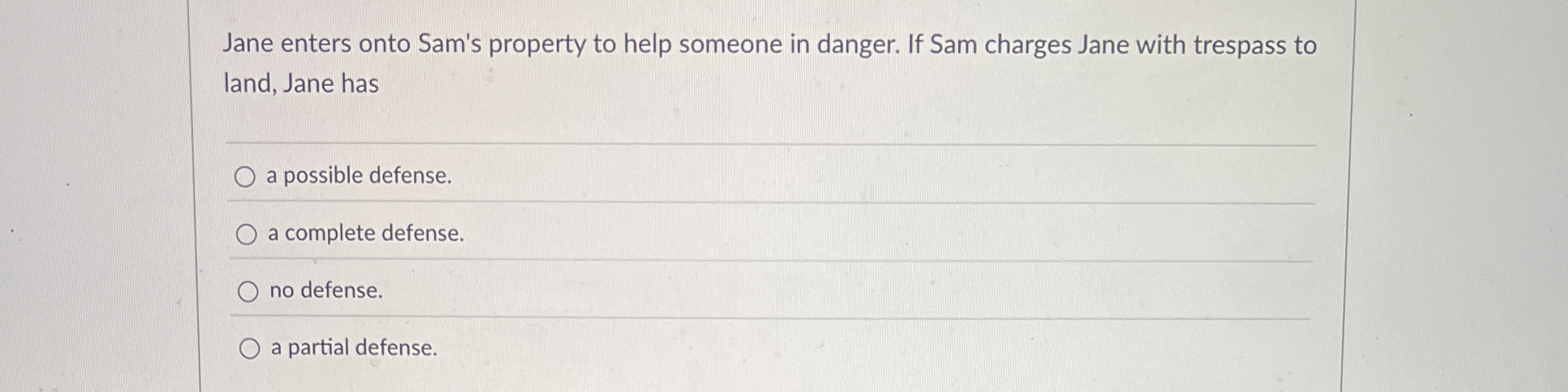 Solved Jane enters onto Sam's property to help someone in | Chegg.com