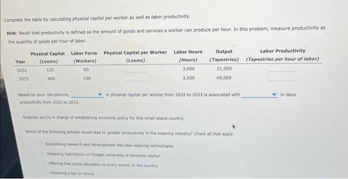 Solved iomplete the table by caiculating physical capital | Chegg.com