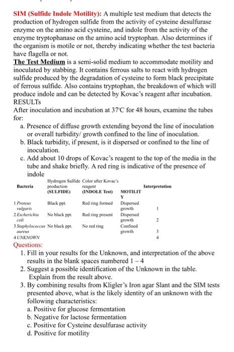 SIM (Sulfide Indole Motility): A multiple test medium | Chegg.com
