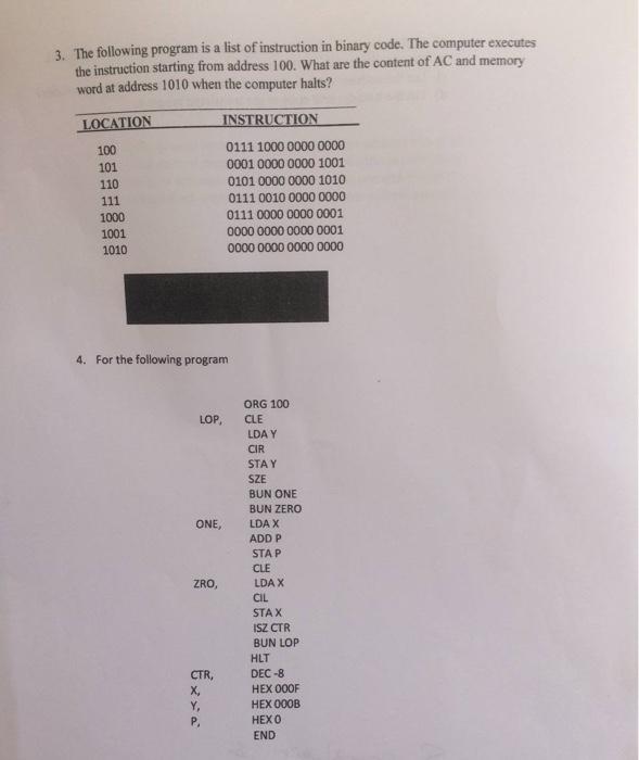 Solved 3. The following program is a list of instruction in | Chegg.com