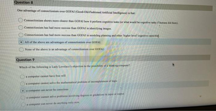 Solved One advantage of connectionism over GOFAI | Chegg.com