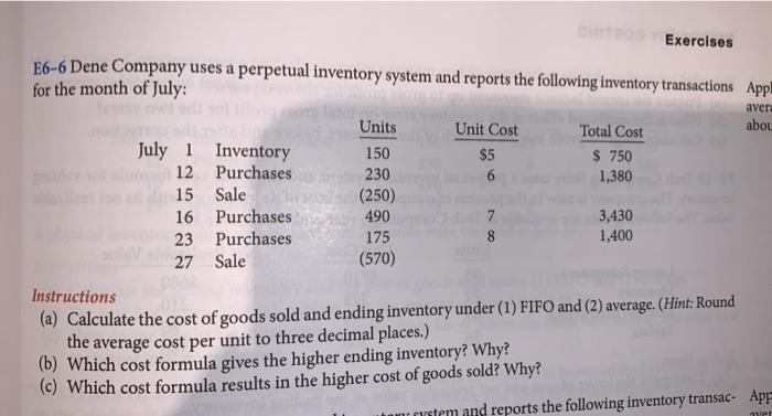 Solved Exercises aver E6-6 Dene Company uses a perpetual | Chegg.com