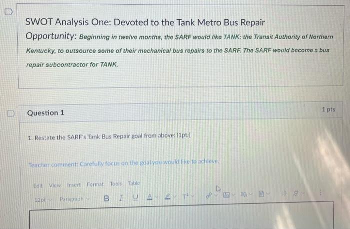 Solved SWOT Analysis One: Devoted to the Tank Metro Bus | Chegg.com