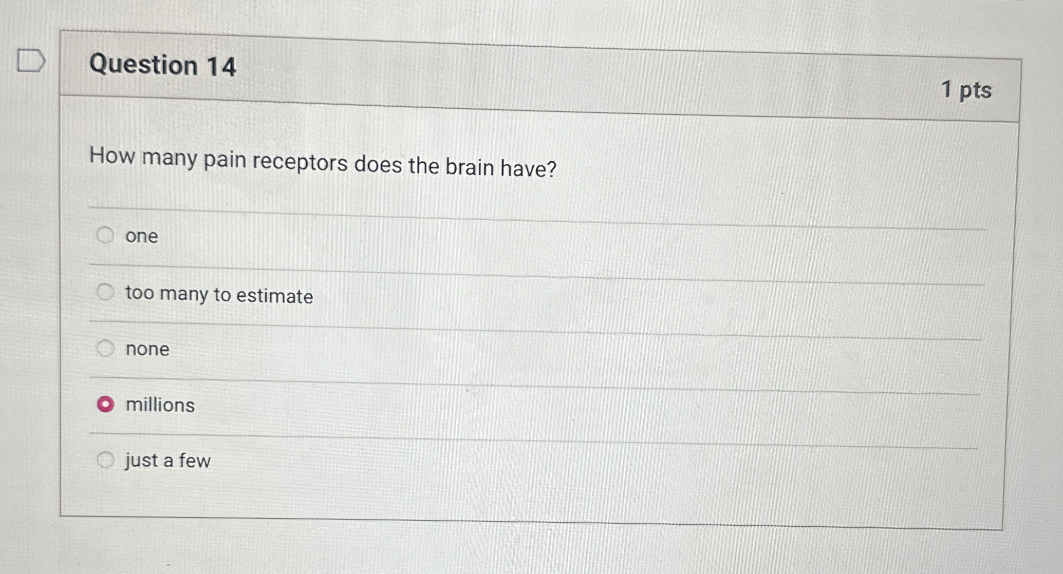 Solved Question 141 ptsHow many pain receptors does the | Chegg.com Solved Question 141 ptsHow many pain receptors does the | Chegg.com