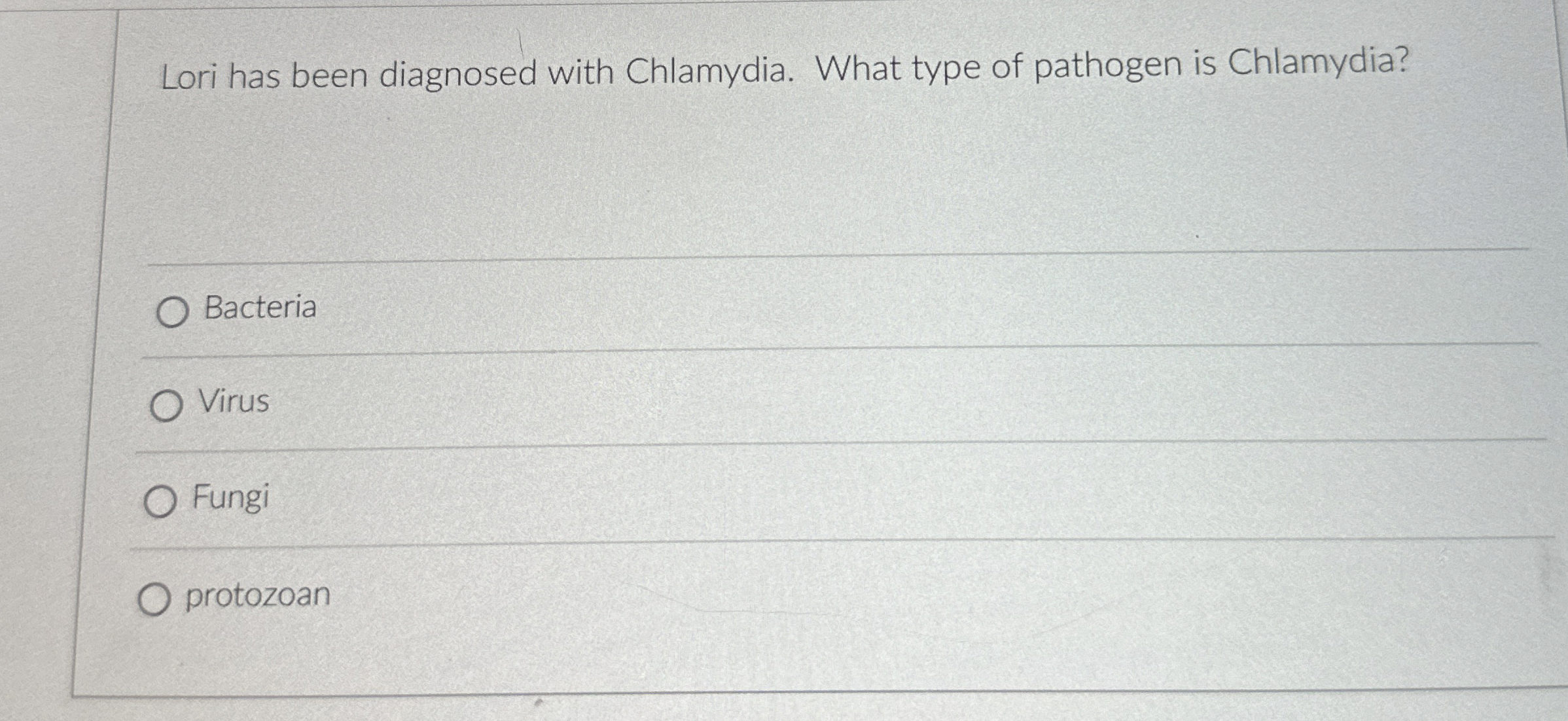 Solved Lori has been diagnosed with Chlamydia. What type of | Chegg.com
