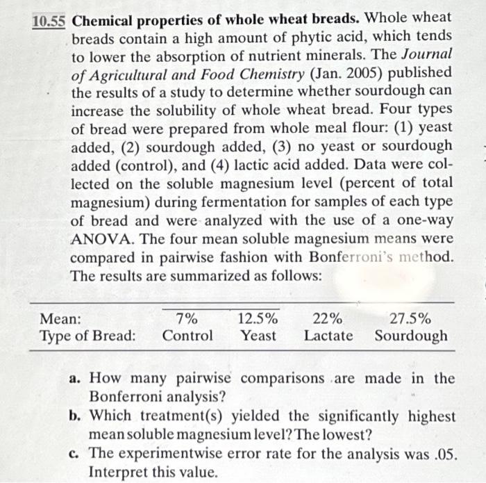 Solved 10.55 Chemical properties of whole wheat breads. | Chegg.com