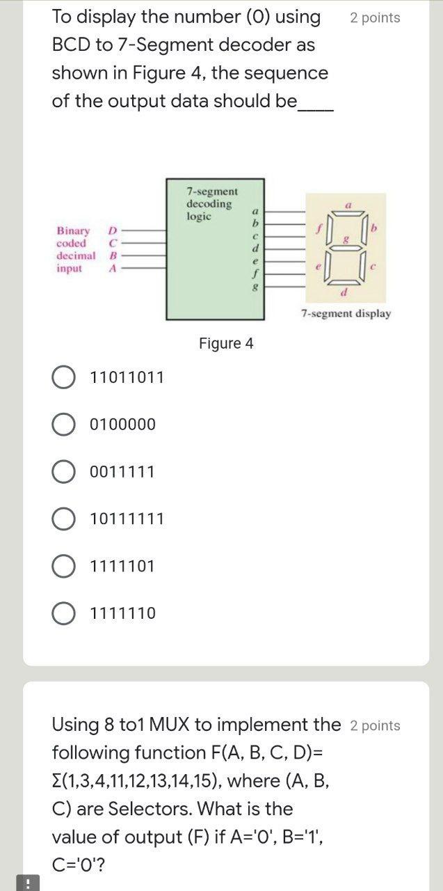 Solved 2 points To display the number (O) using BCD to | Chegg.com