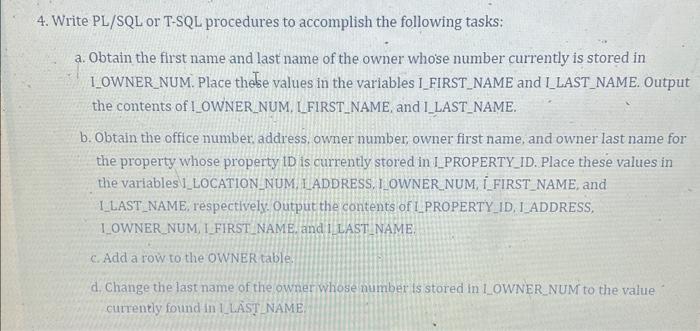 Solved 4 Write Plsql Or T Sql Procedures To Accomplish The 