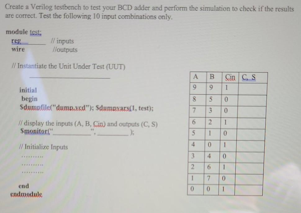 Solved Create a Verilog testbench to test your BCD adder and | Chegg.com