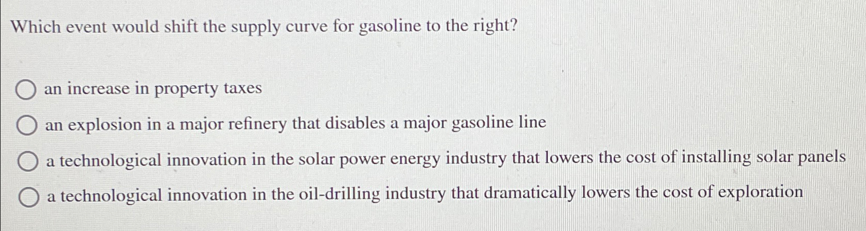 Solved Which event would shift the supply curve for gasoline | Chegg.com