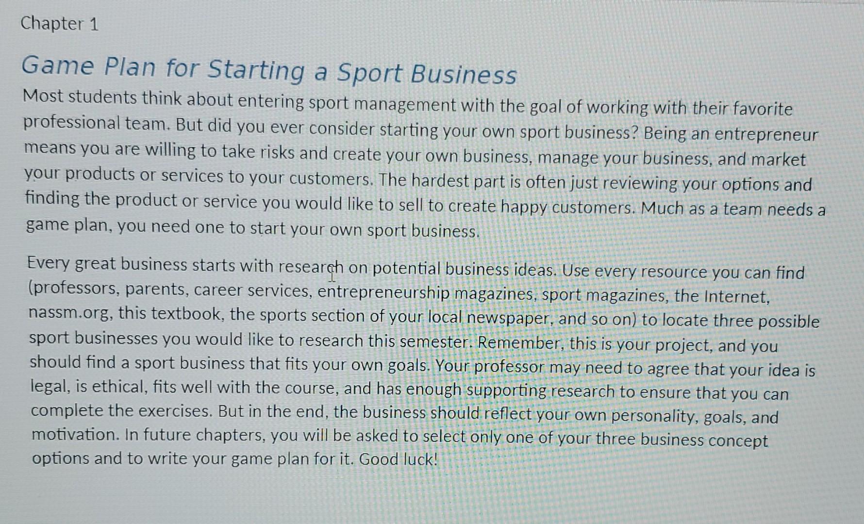 Solved Chapter 3 Game Plan for Starting a Sport Business It | Chegg.com