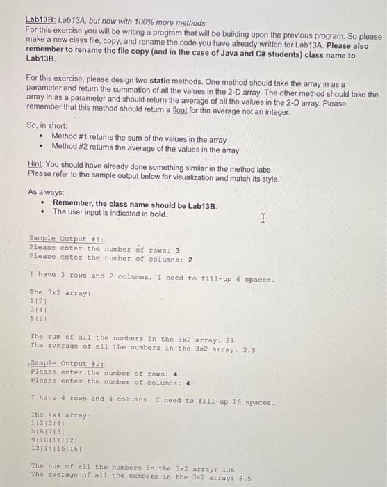 Solved Lab13B: Lab13A, but now with 100% more methods For | Chegg.com