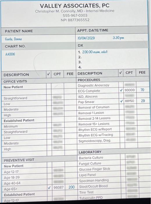 Billing Provider: Valley Associates, PC NPI: | Chegg.com