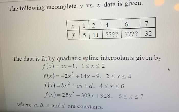 Solved The following incomplete y vs. x data is given. 1 12 | Chegg.com