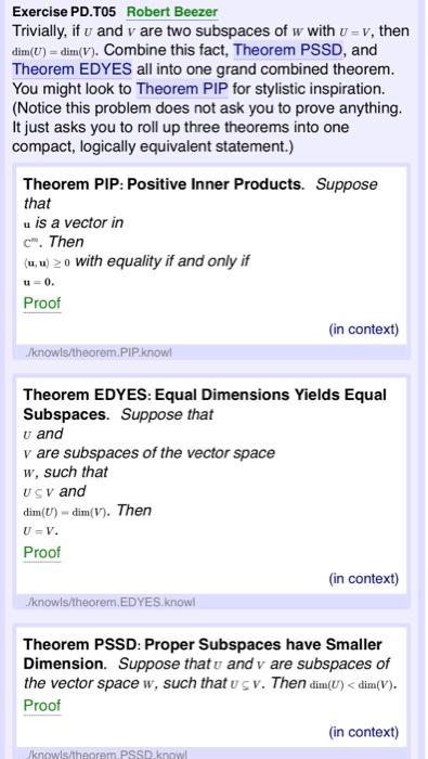 Solved Exercise PD.T05 Robert Beezer Trivially, if U and v | Chegg.com