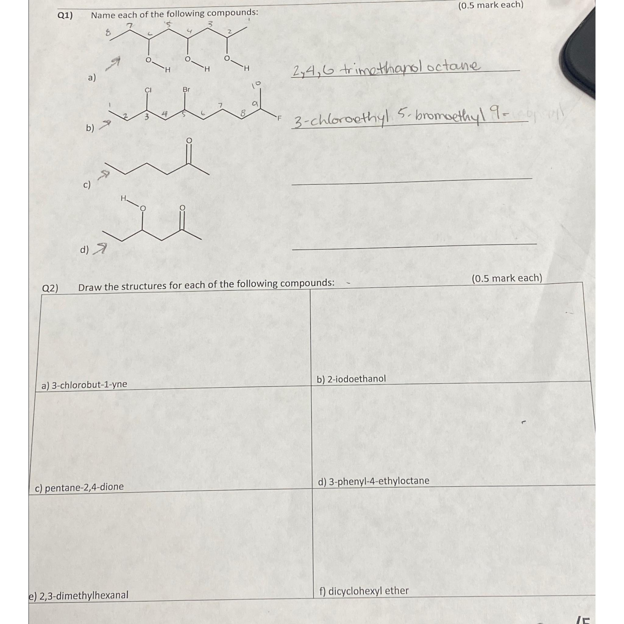 Solved Q1)Name each of the following compounds:(0.5 ﻿mark | Chegg.com