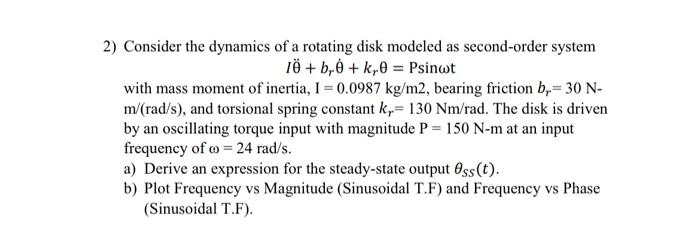 2) Consider the dynamics of a rotating disk modeled | Chegg.com