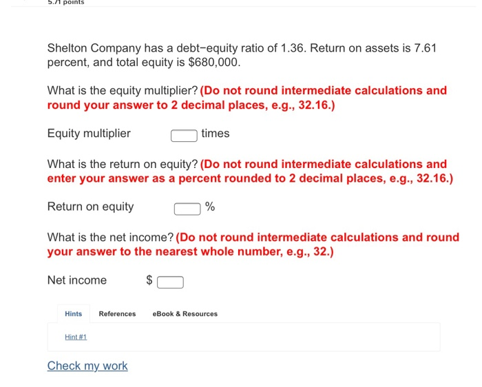 Solved 5./1 points Shelton Company has a debt-equity ratio | Chegg.com Solved 5./1 points Shelton Company has a debt-equity ratio | Chegg.com