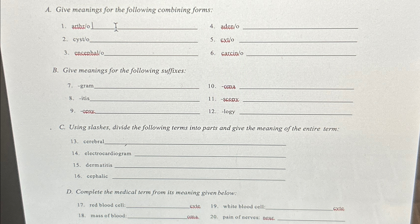 Solved A. ﻿Give meanings for the following combining | Chegg.com