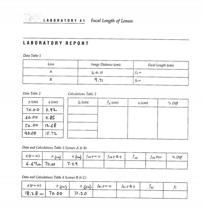 Solved LABORATORY 41 Focal Length of Lenses LABORATORY | Chegg.com