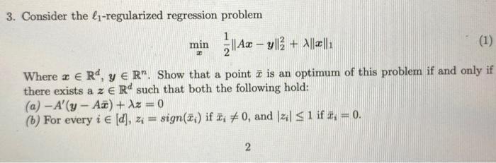 Solved 3. Consider the ℓ1-regularized regression problem | Chegg.com
