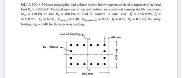 Solved Q211 A 600 x 400mm rectangular tied column shown | Chegg.com