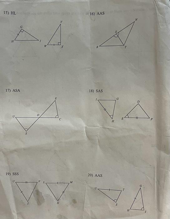 Solved 15) HL 16) AAS 17) ASA 18) SAS 19) SSS 20) AAS | Chegg.com