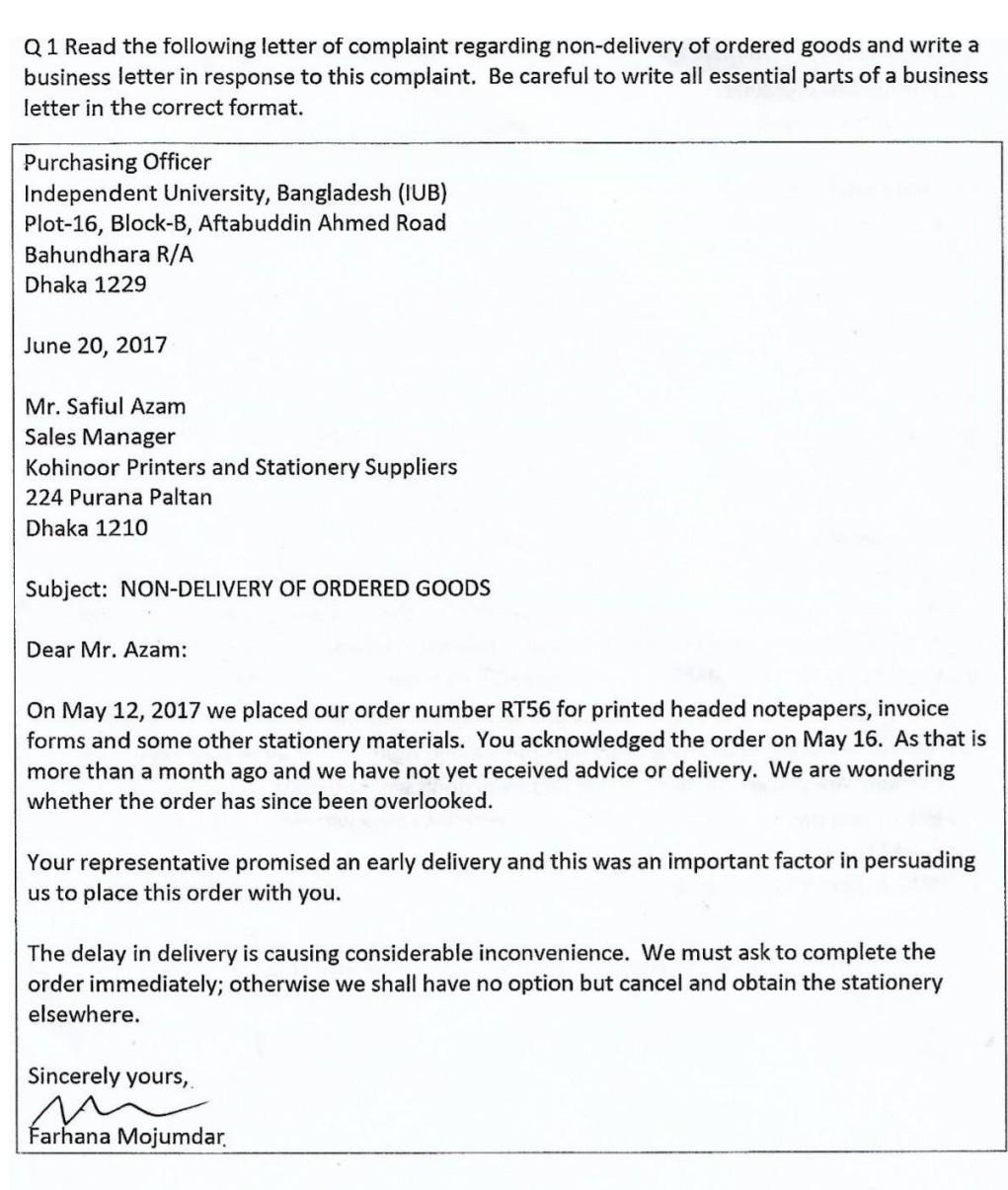 Solved Q 1 Read the following letter of complaint regarding | Chegg.com