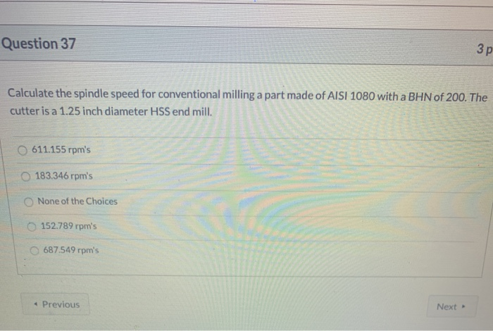 Solved Question 37 3p Calculate the spindle speed for | Chegg.com