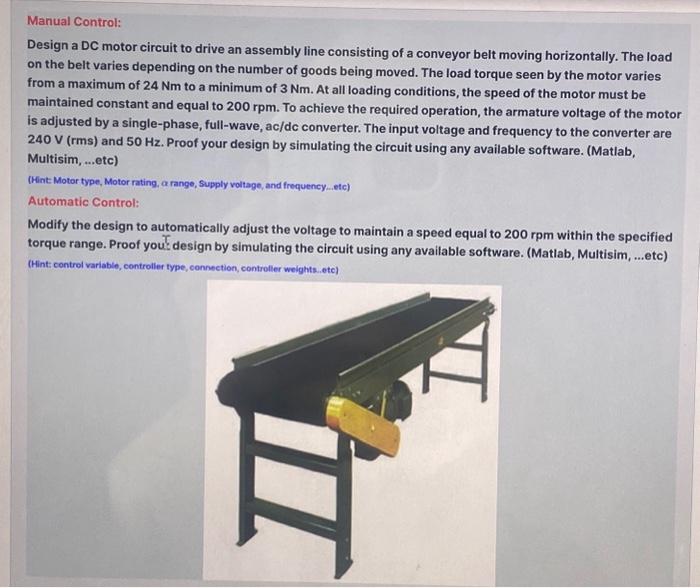 Solved Design a DC motor circuit to drive an assembly line | Chegg.com