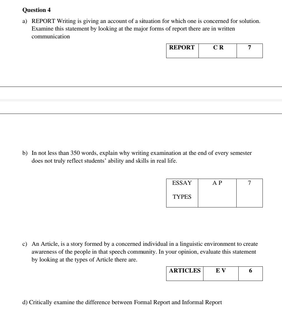 Question 4 a) REPORT Writing is giving an account of | Chegg.com