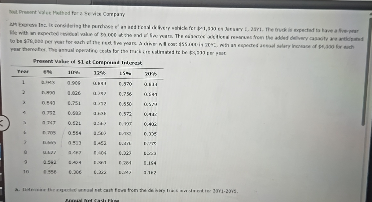 Solved Net Present Value Method for a Service CompanyAM | Chegg.com