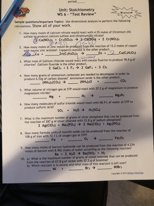 Solved period: Unit: Stoichiometry WS 6 - "Test Review" | Chegg.com