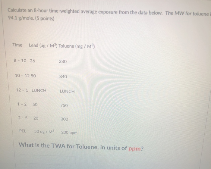 Solved Calculate an 8-hour time weighted average exposure | Chegg.com